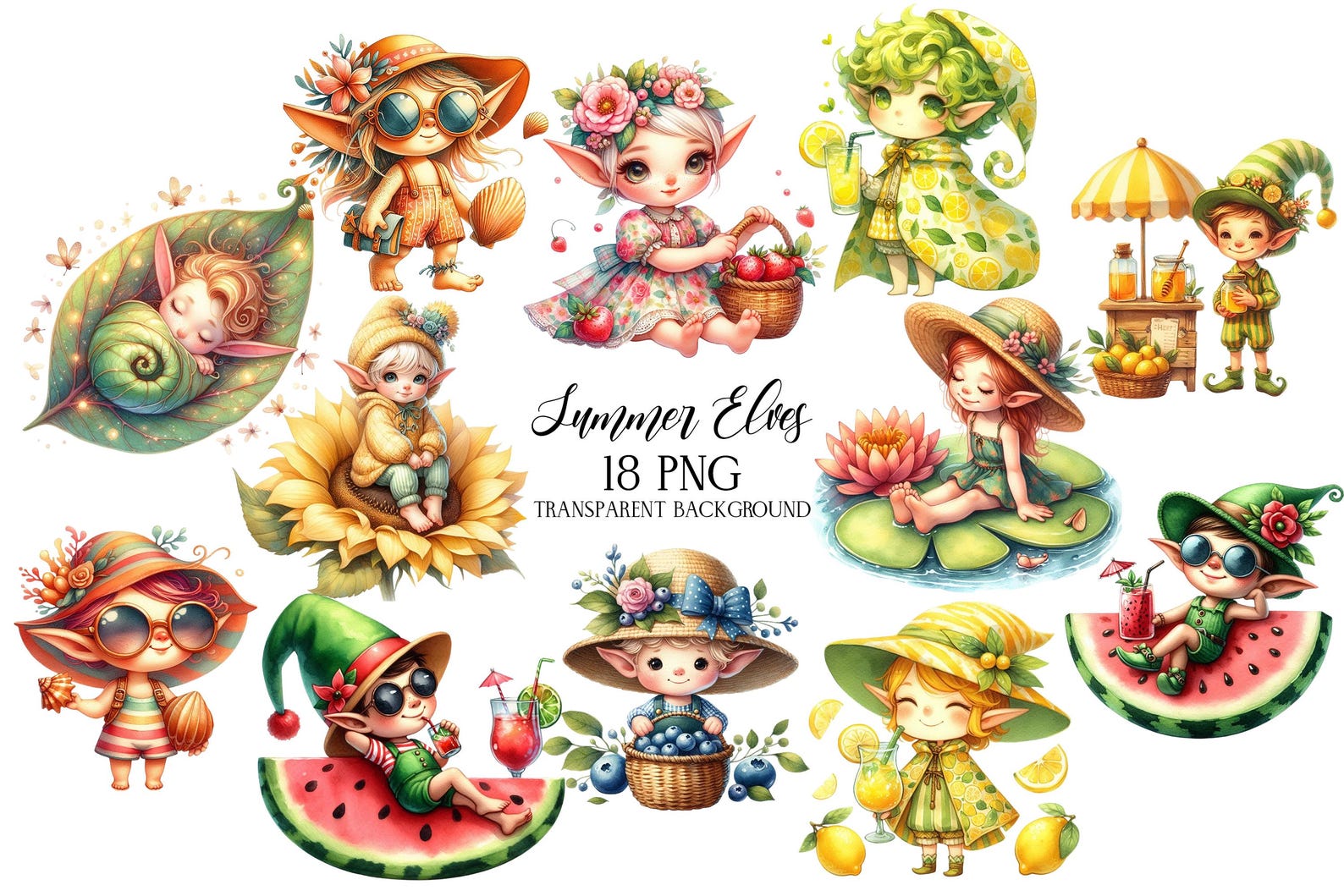 Cute Summer Elves Clipart, Elves PNG, Elf Illustrations PNG, Watercolor ...