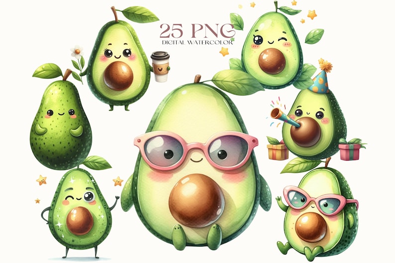 Watercolor Avocado Clipart, Birthday PNG Set (digital Download) - Etsy