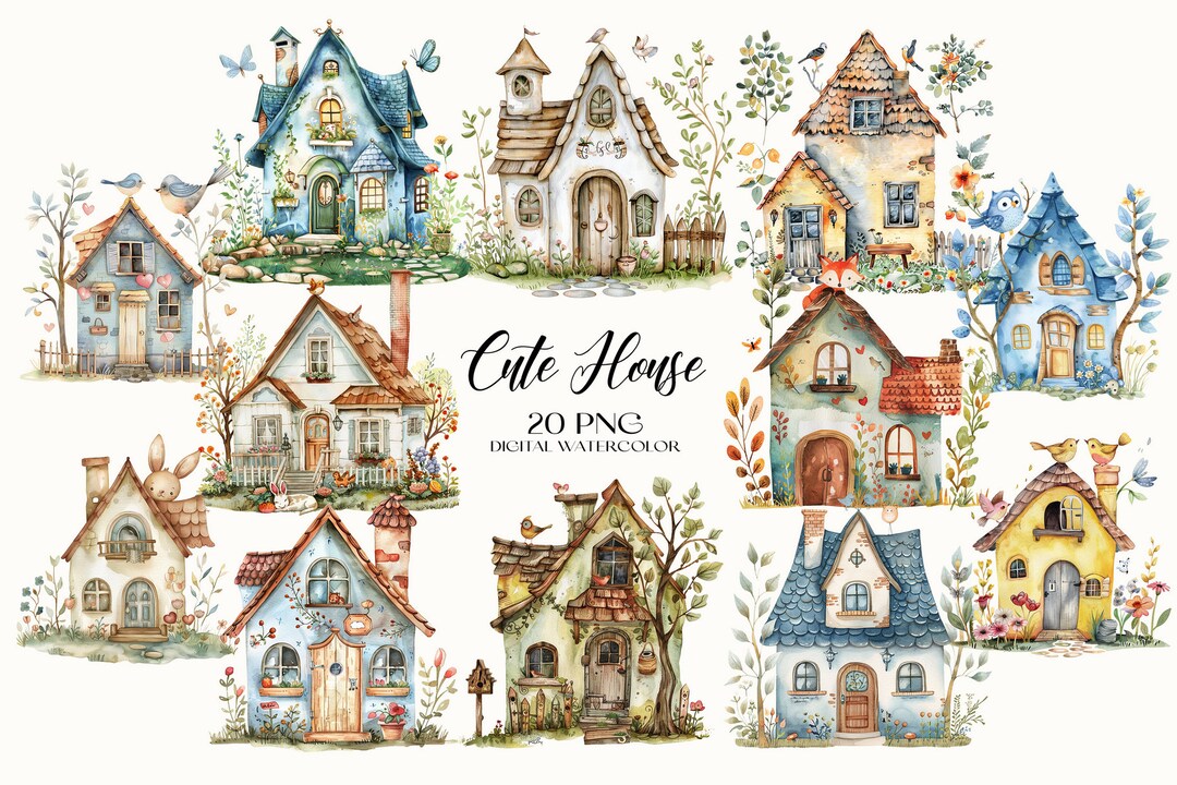 Watercolor Cottage Clipart, House PNG, Kids Illustration (digital ...