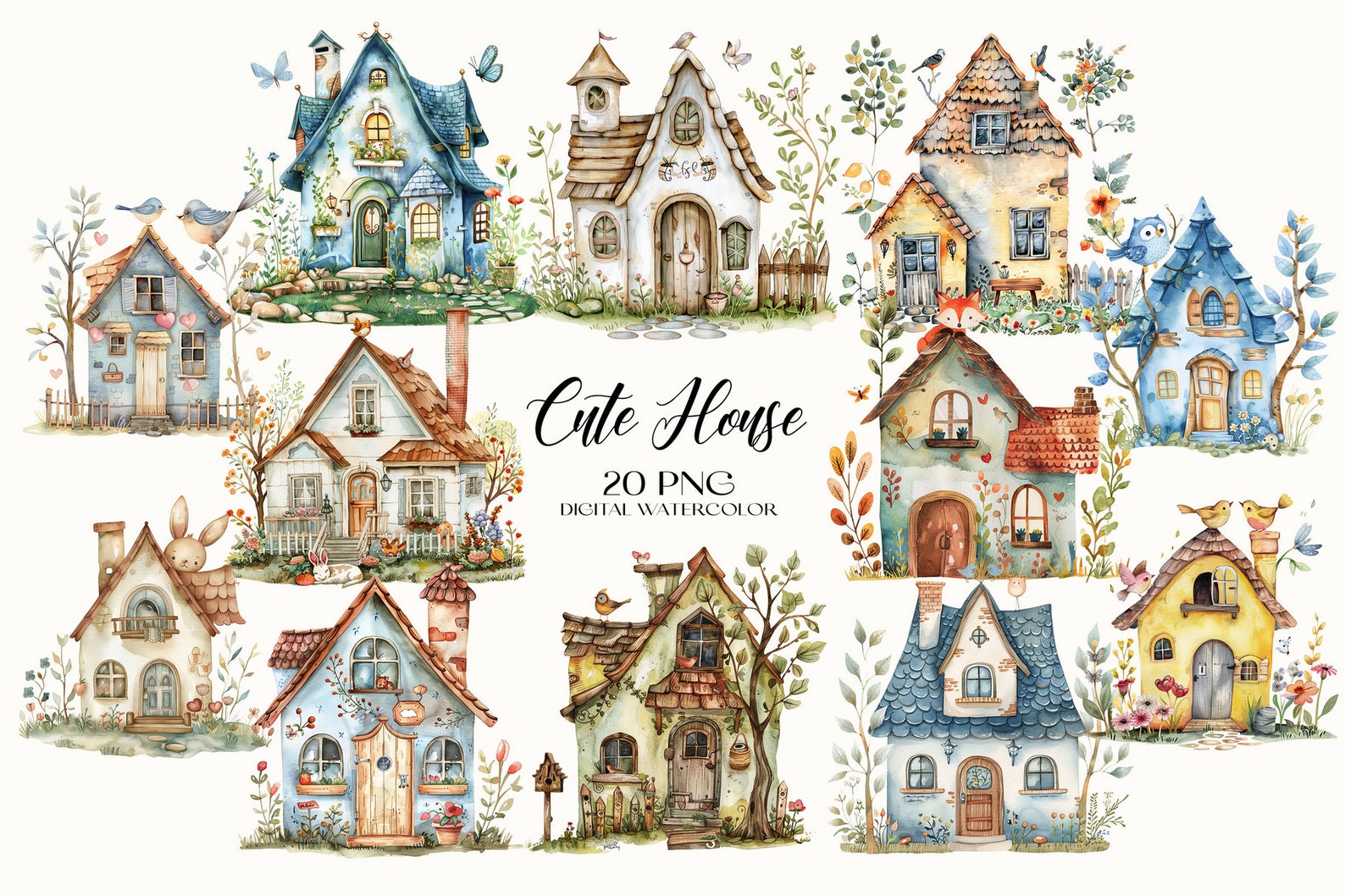 Cute House Clipart, Happy Little House PNG, Watercolor Cartoon House ...