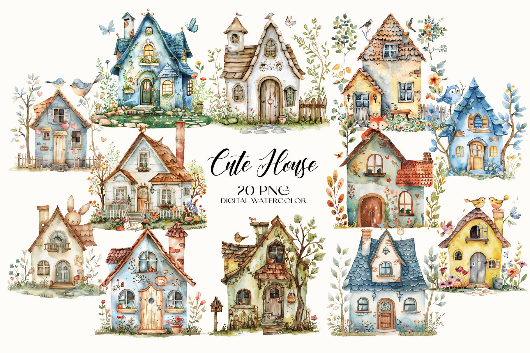 Cute House Clipart, Happy Little House PNG, Watercolor Cartoon House ...