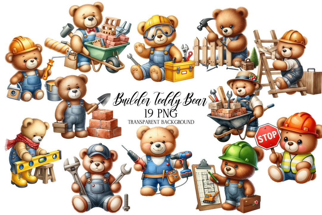 Builder Teddy Bear Clipart: Watercolor Animals Illustrations (PNG ...