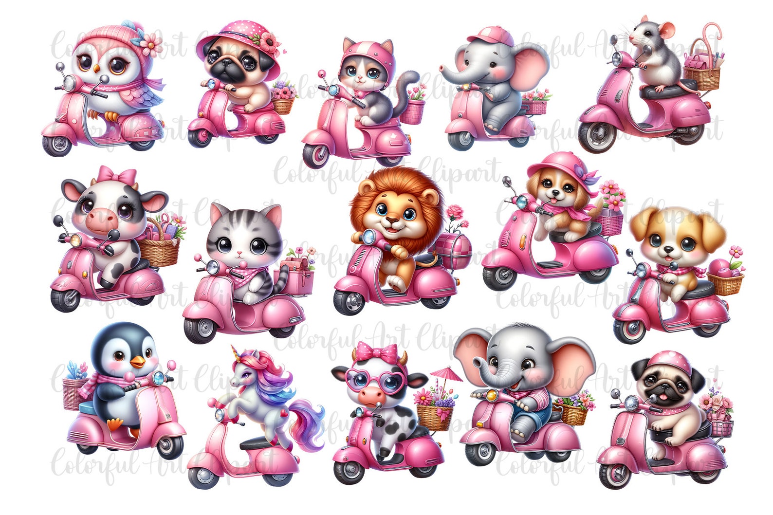 Scooter Animals Clipart, Cute Animals on Pink Scooter Png, Vespa and ...