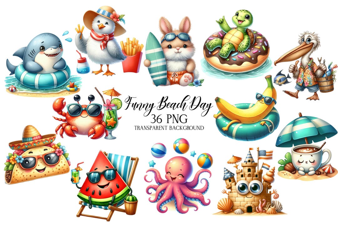 Funny Beach Animals Clipart: Summer PNG Illustrations (digital Download ...