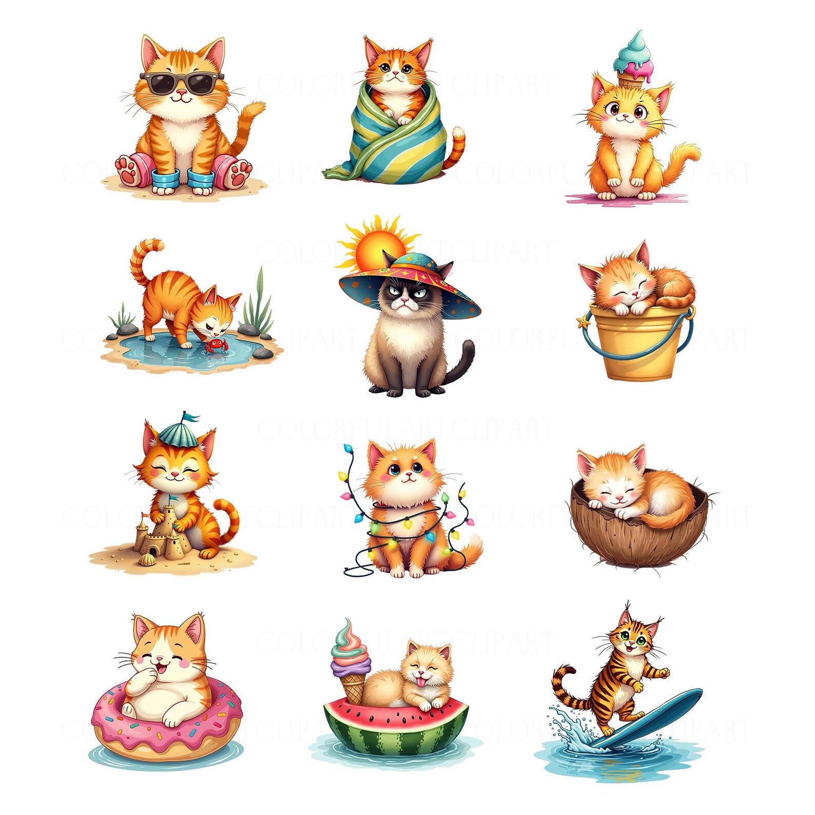 Watercolor Funny Cats Clipart, PNG Illustrations (digital Download) - Etsy