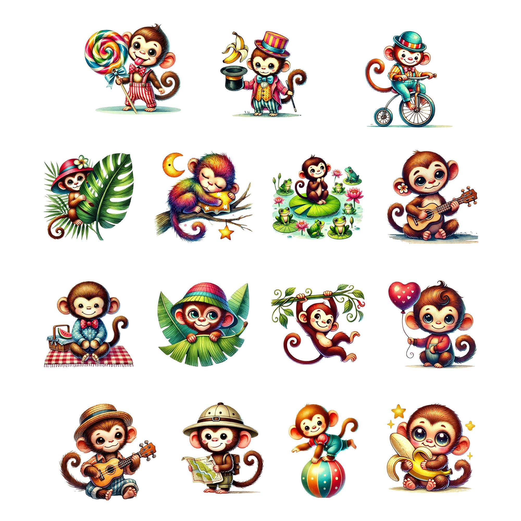 Cute Monkey Clipart, Little Animals PNG, Watercolor Cartoon Clipart ...