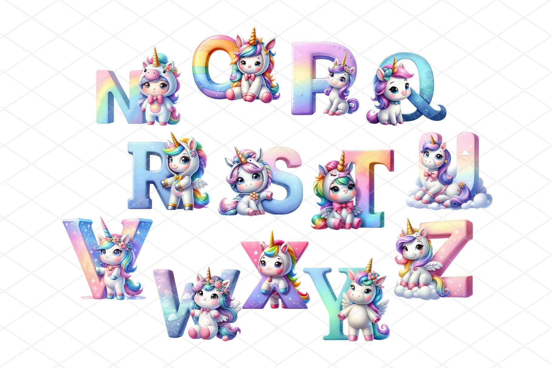 Rainbow Unicorn Alphabet PNG, Colorful Unicorn Alphabet Nursery, Cute ...