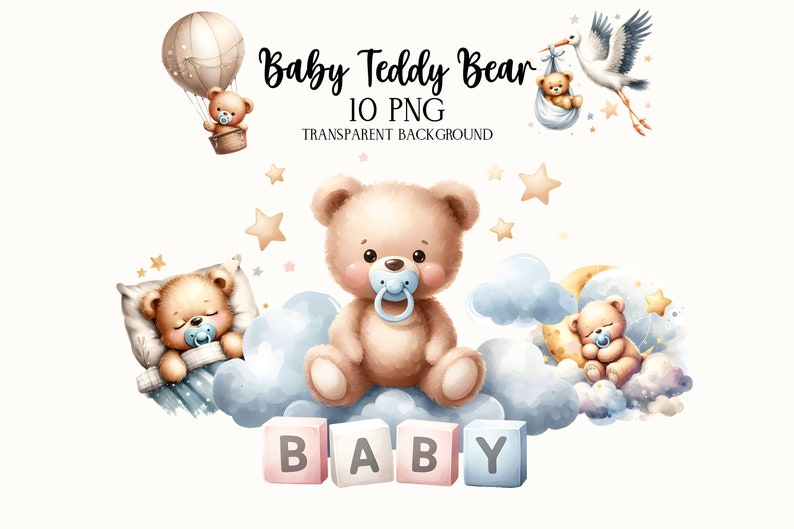 Watercolor Cute Baby Teddy Bear Clipart, Baby Boy Clipart, Baby Boy ...
