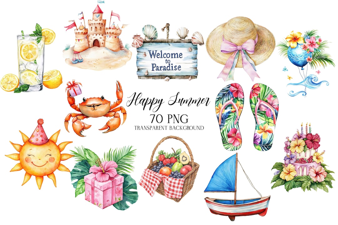 Watercolor Summer Clipart: Beach Vacation PNG Graphics (3600x3600 Px ...