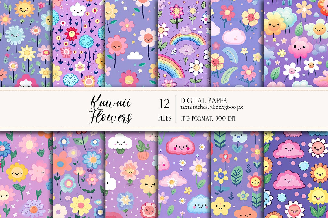 Kawaii Flowers Digital Paper: Pastel Seamless Patterns (JPG) - Etsy