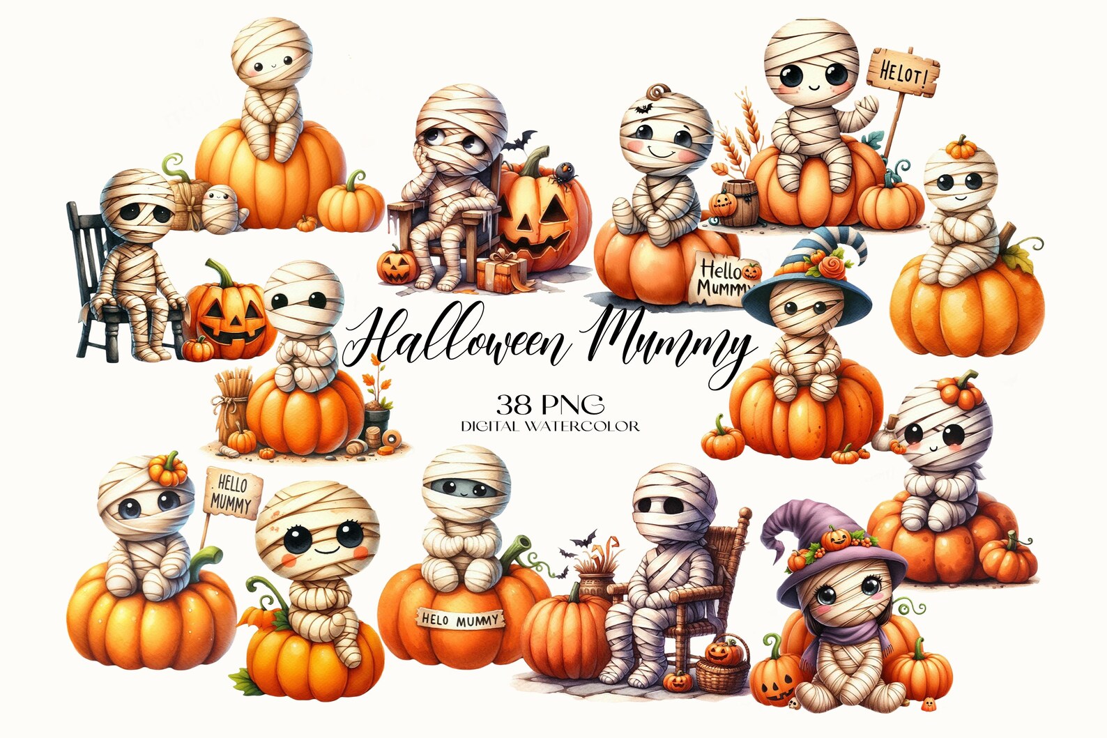 Watercolor Halloween Mummy Clipart: Cartoon PNG Images (38 Files) - Etsy