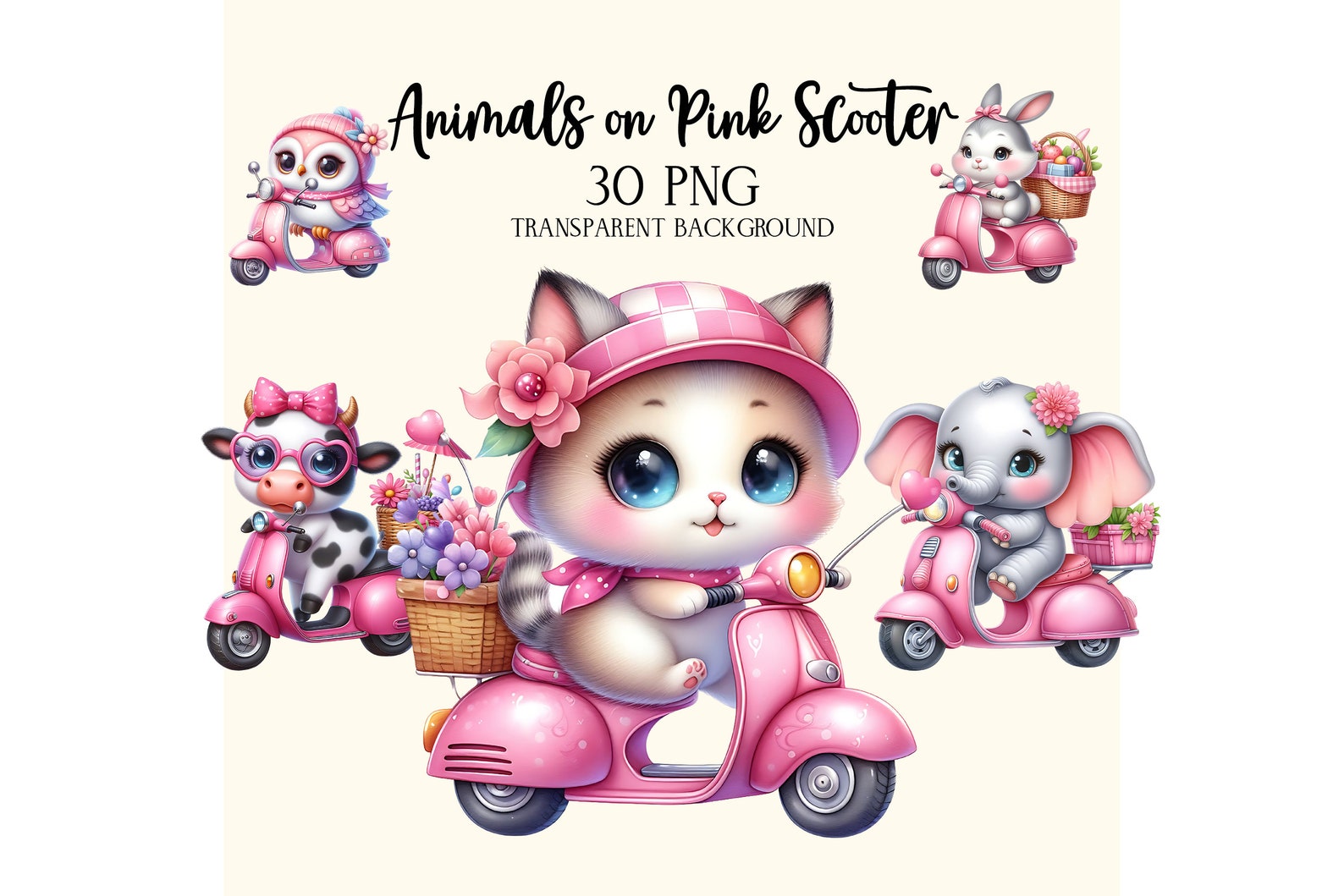 Scooter Animals Clipart, Cute Animals on Pink Scooter Png, Vespa and ...