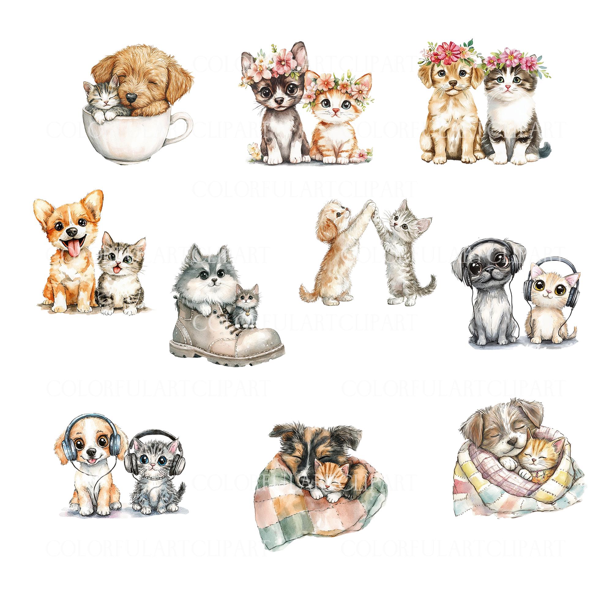 Dog and Cat Watercolor Clipart, Animal Illustrations (PNG) - Etsy