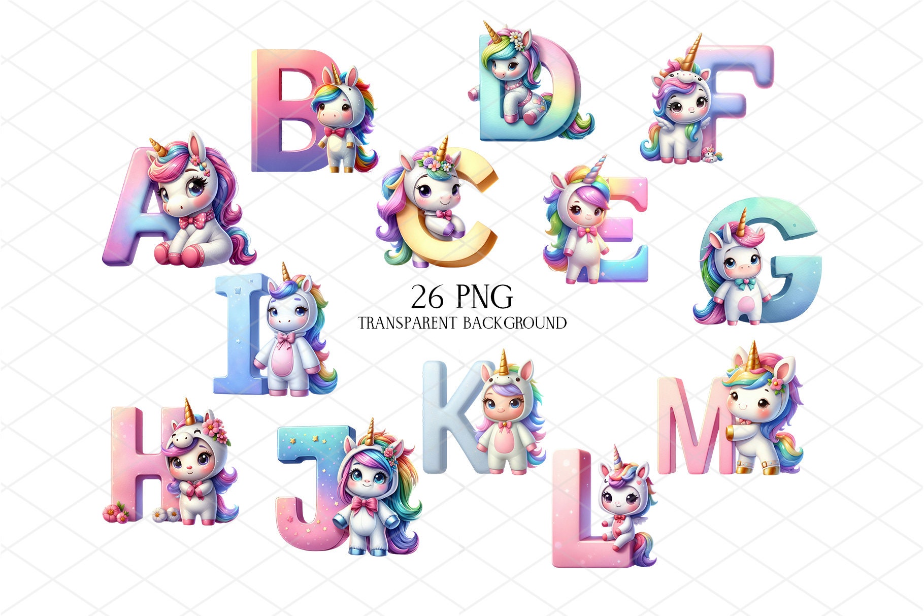 Rainbow Unicorn Alphabet PNG, Colorful Unicorn Alphabet Nursery, Cute ...