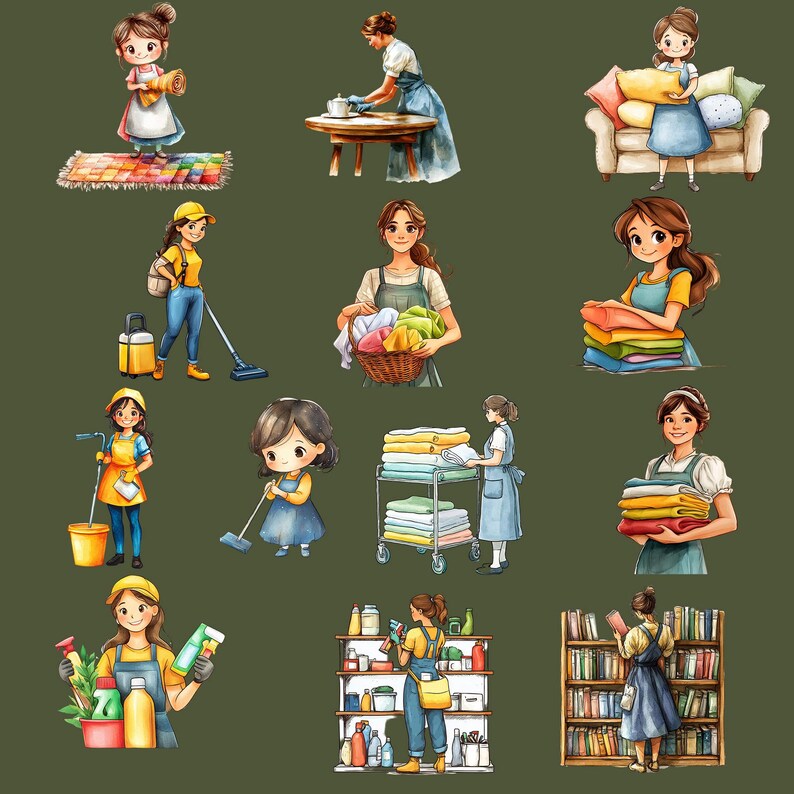 Cleaning Watercolor Clipart, Housekeeper Clipart, Housework Clipart ...