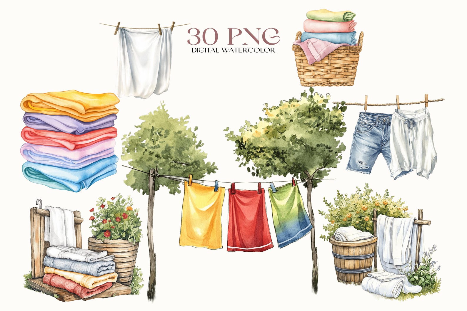 Watercolor Laundry Clipart: Summer Nature PNG (30 Files) - Etsy