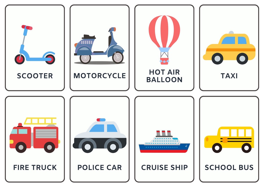 24 Transportation Treasure Flashcards Montessori Flashcards Pre-school ...
