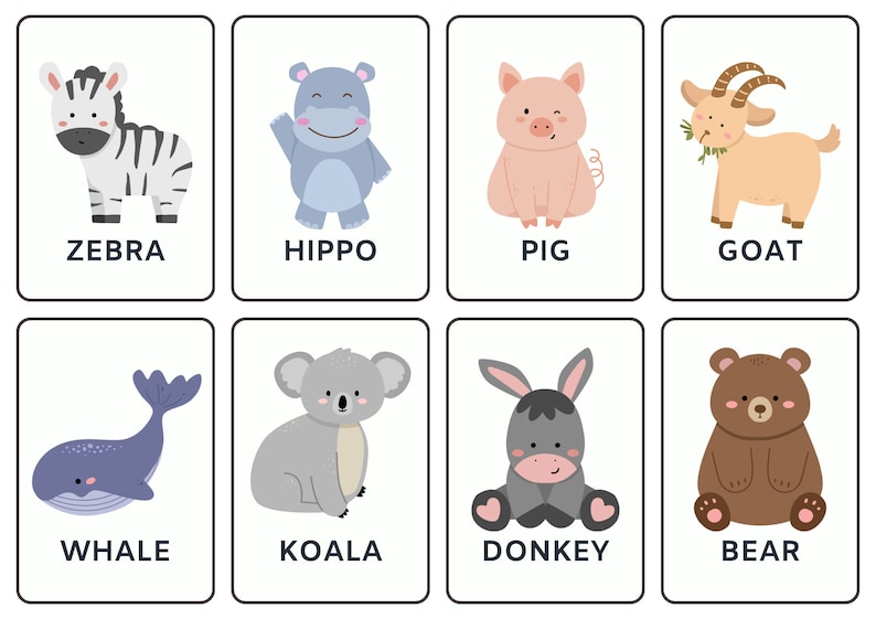 24 Cute Animal Flashcards Montessori Flashcards Pre-school Cards ...