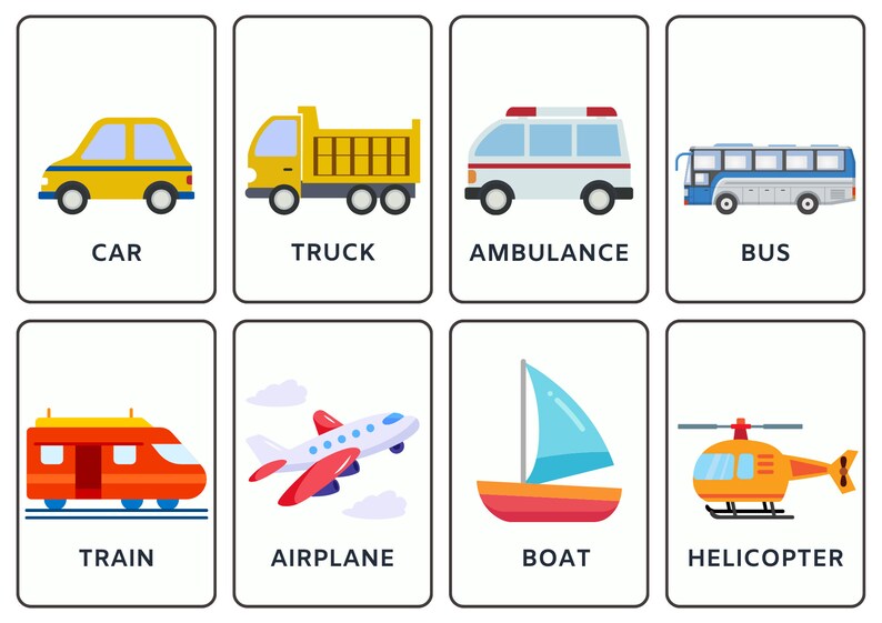 24 Transportation Treasure Flashcards Montessori Flashcards Pre-school ...