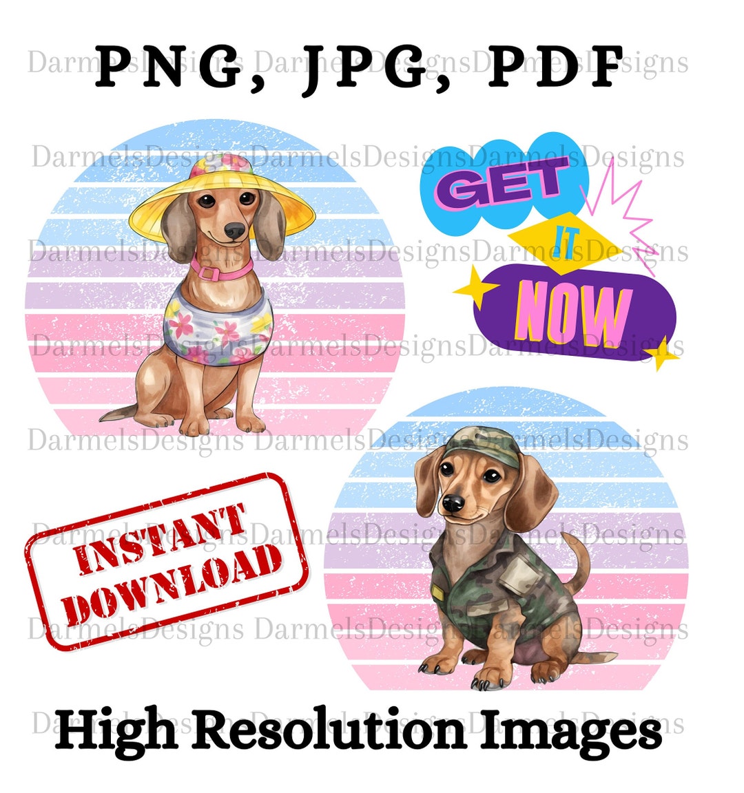 6 Files Commando & Beach Cute Dachshunds Sublimation Designs Png, JPG ...
