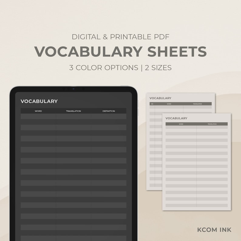 Vocabulary Sheets, Printable PDF, Digital Download, Language Learning Note, Learning Template ...