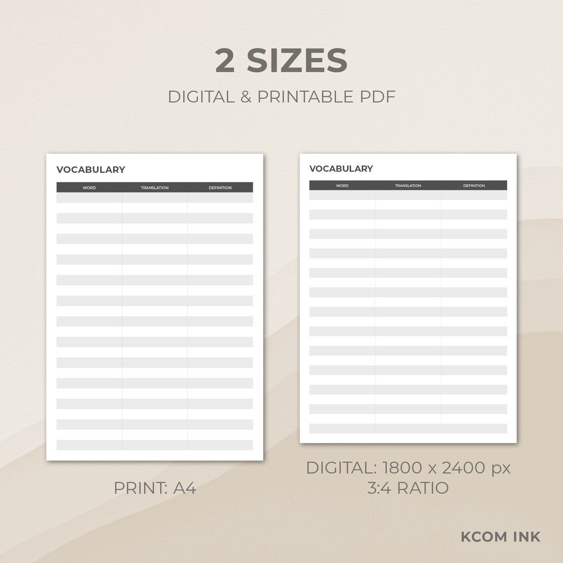 Vocabulary Sheets, Printable PDF, Digital Download, Language Learning ...