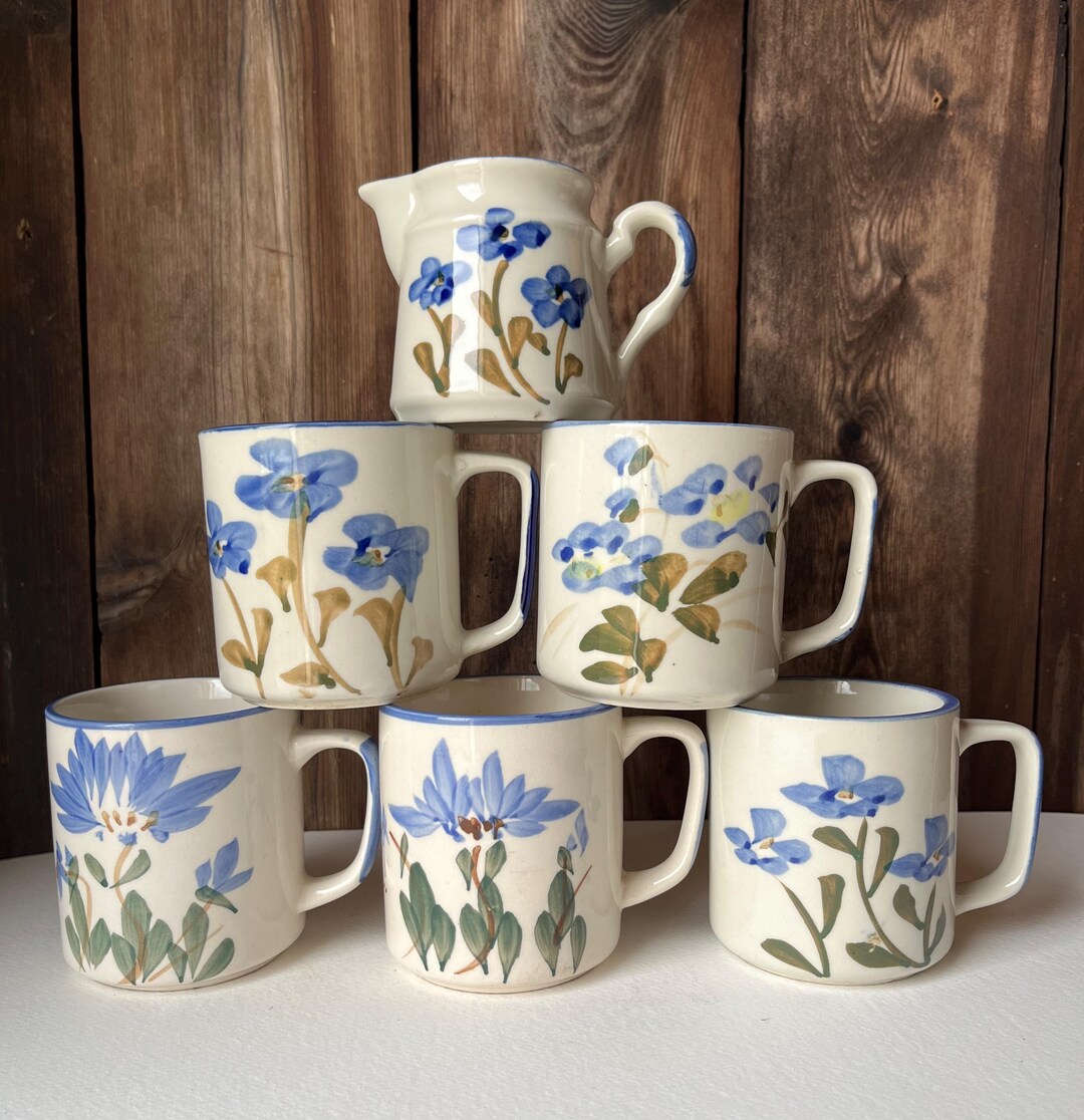Vintage Set of 5 Mugs and Small Milk Jug | Cream With Blue Rim & Forget ...