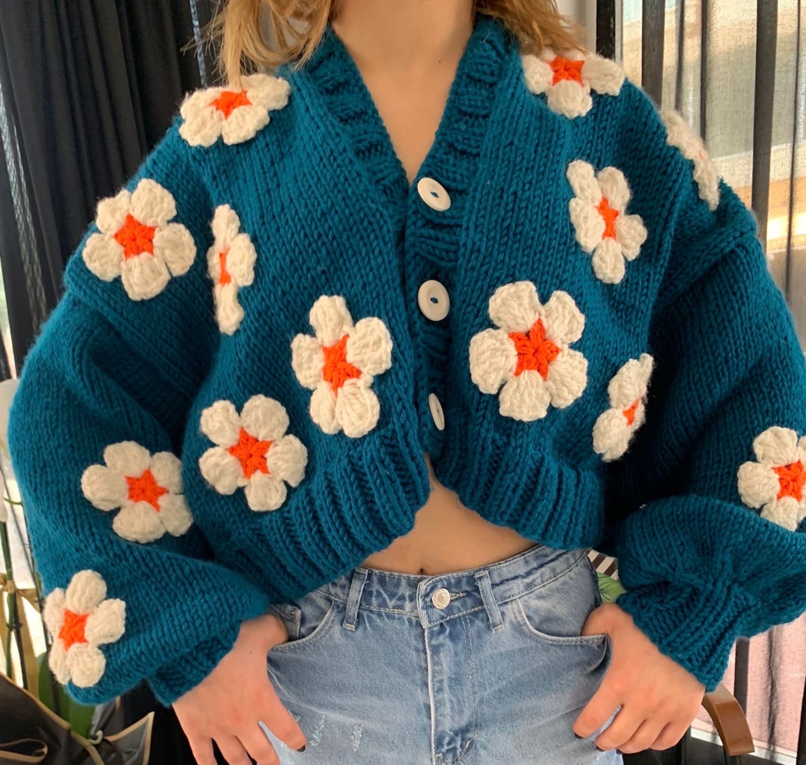 Our Hand-knitted Floral Decorated Cardigan Model | Chunky Knit Cardigan ...