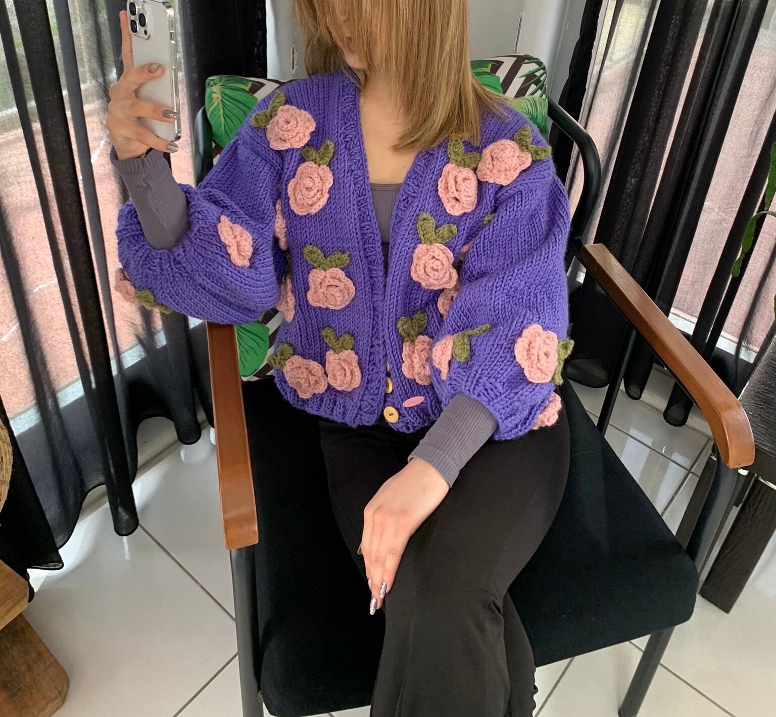 Handmade Cardigan , Chunky Cardigans ,purple Cardigan With Pink Flowers ...