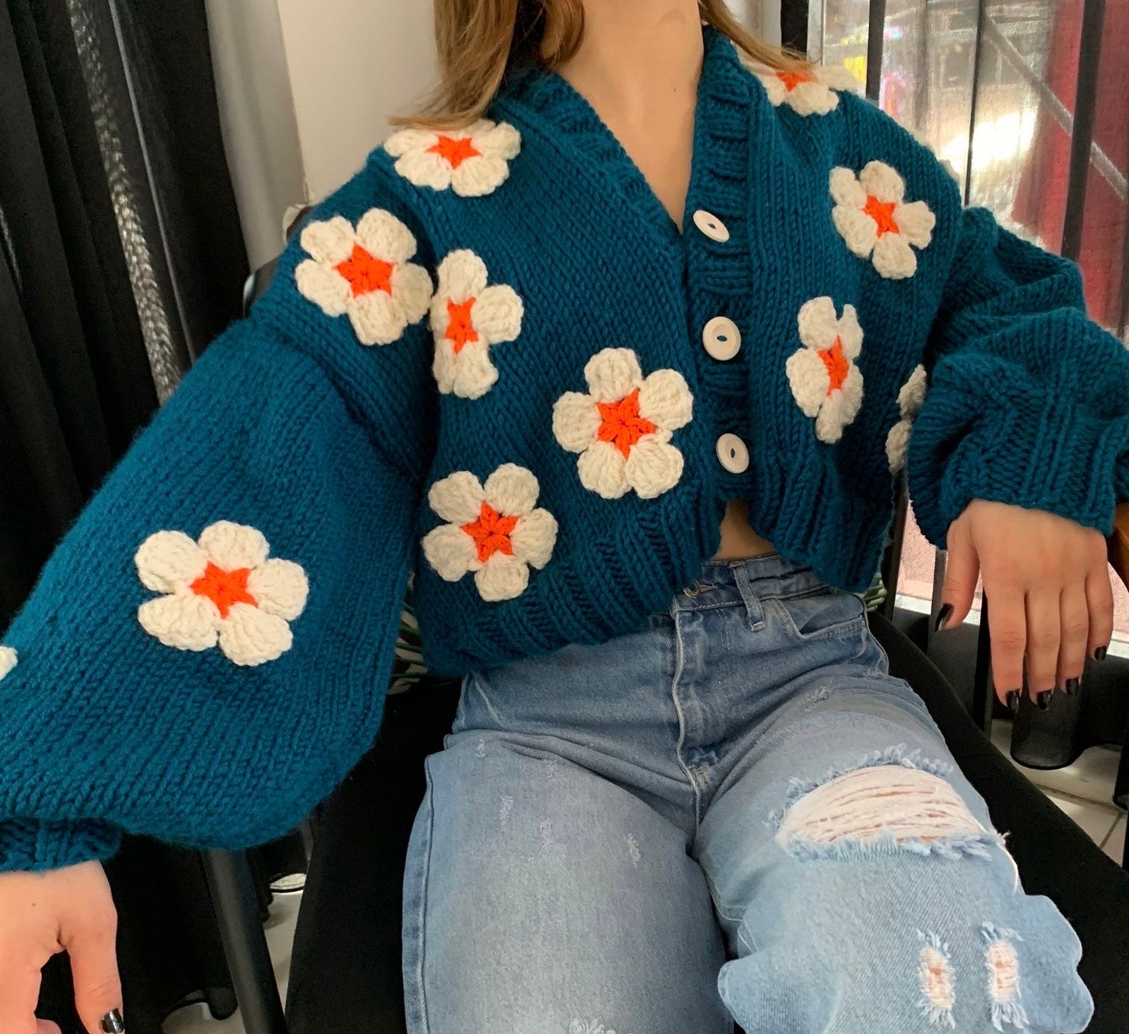 Our Hand-knitted Floral Decorated Cardigan Model | Chunky Knit Cardigan ...