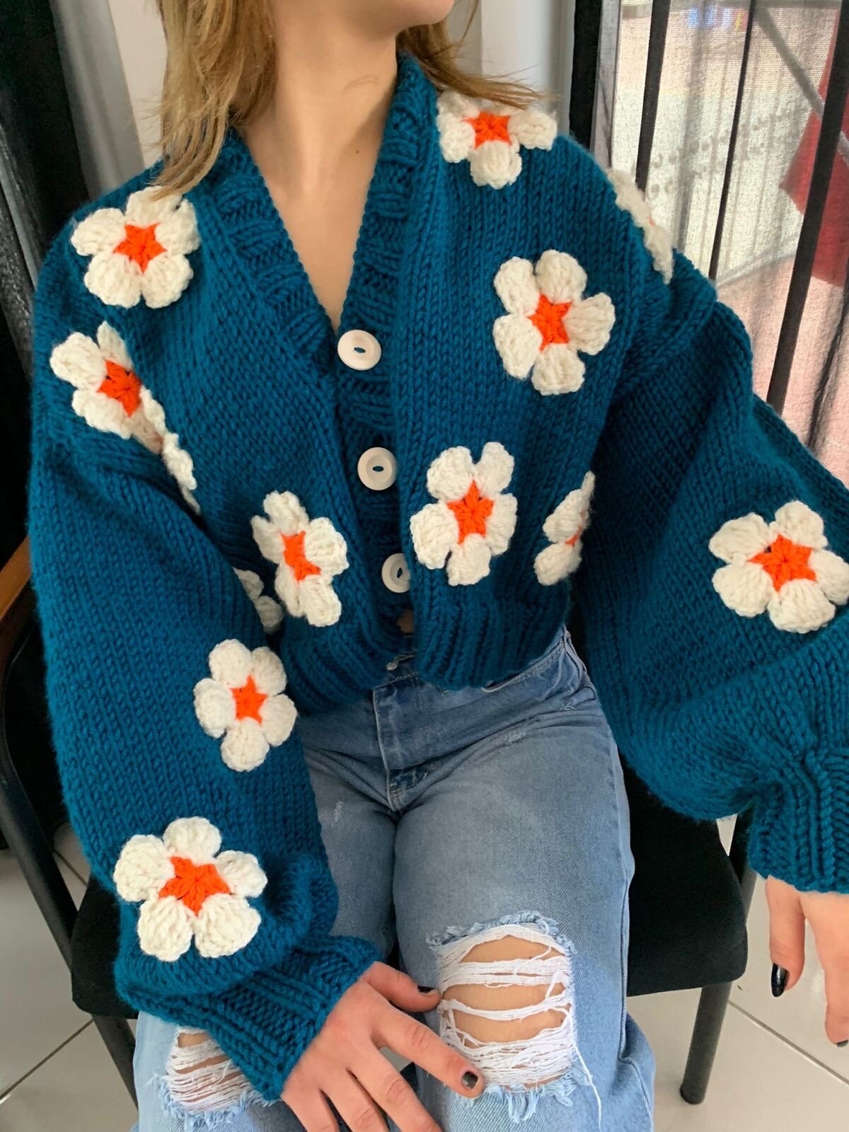Our Hand-knitted Floral Decorated Cardigan Model | Chunky Knit Cardigan ...