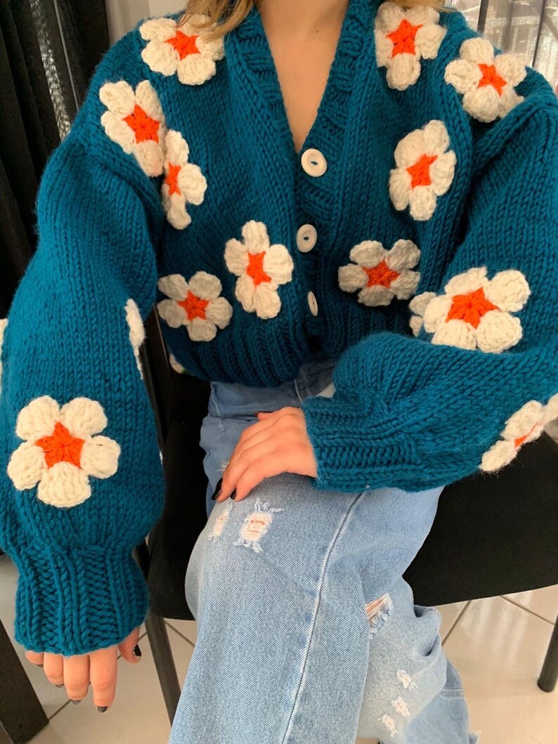 Our Hand-knitted Floral Decorated Cardigan Model | Chunky Knit Cardigan ...