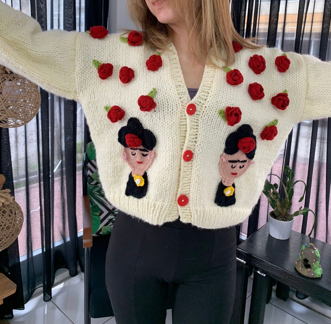 Handmade Frida Kahlo Inspired Cardigan - Chunky Knit Cropped Sweater ...
