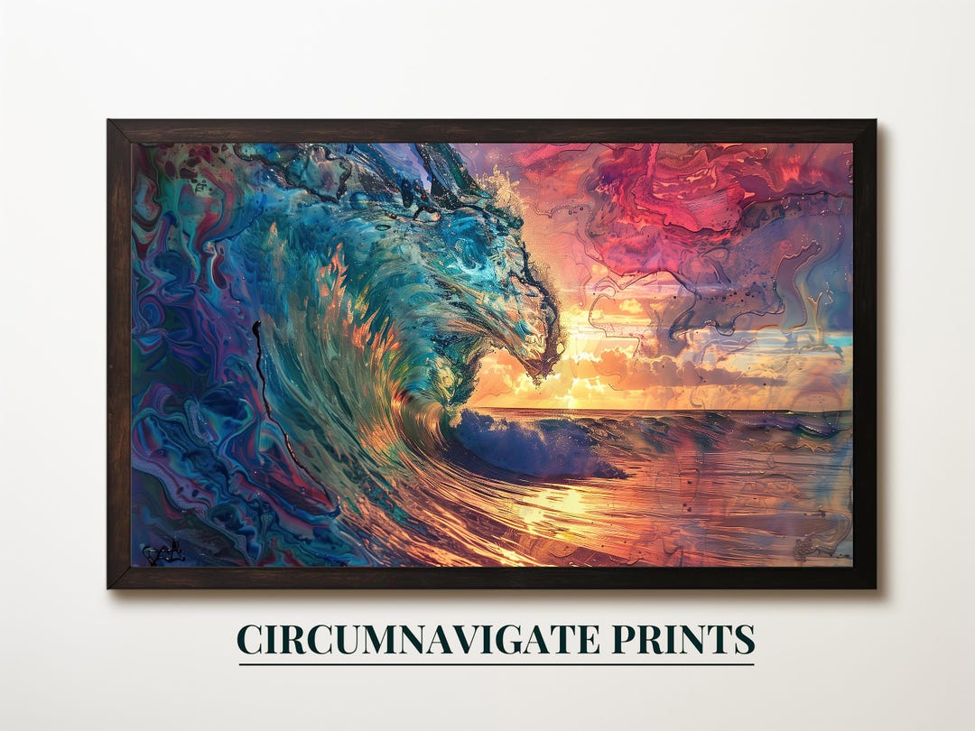 Abstract Ocean Wave Digital Artwork, Colorful Sunset Beach Wall Art ...