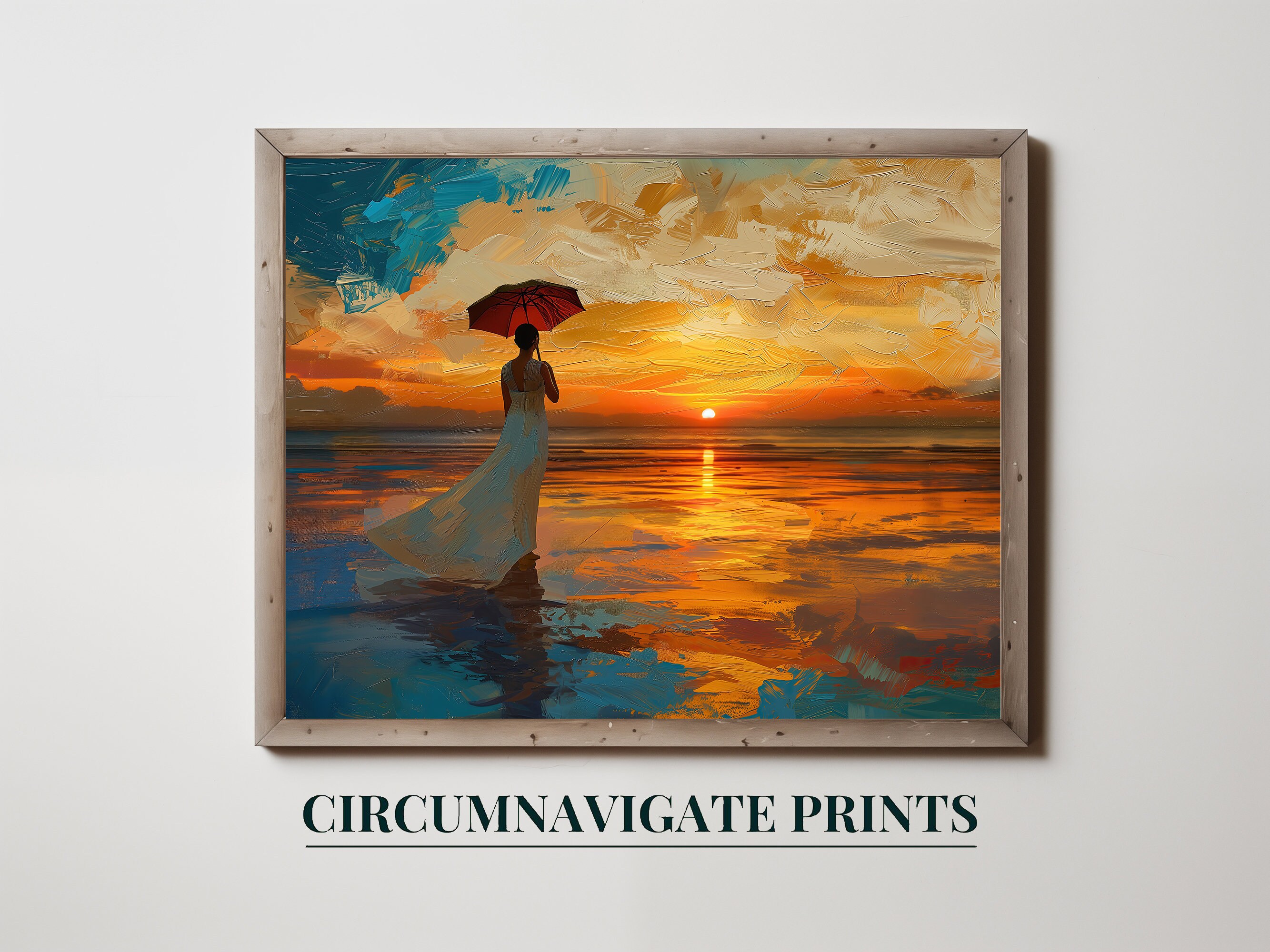 Abstract Sunset Beach Digital Art Print, Woman With Umbrella Wall Art ...