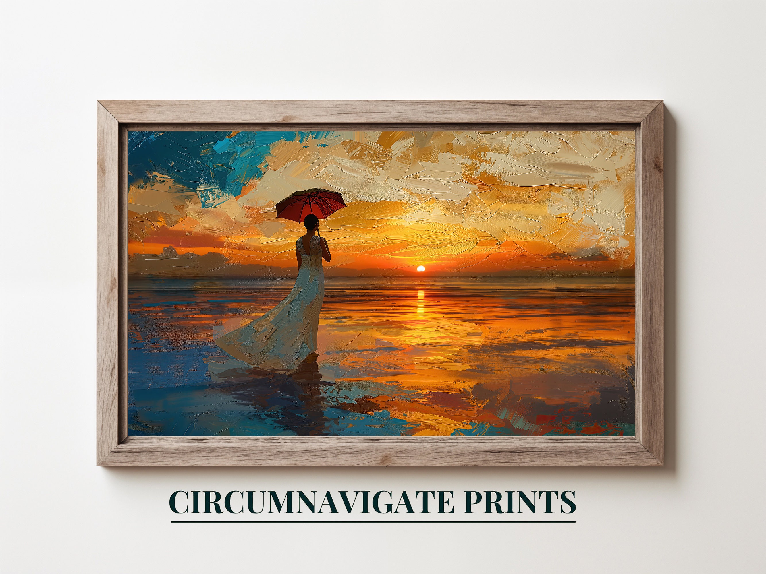 Abstract Sunset Beach Digital Art Print, Woman With Umbrella Wall Art ...