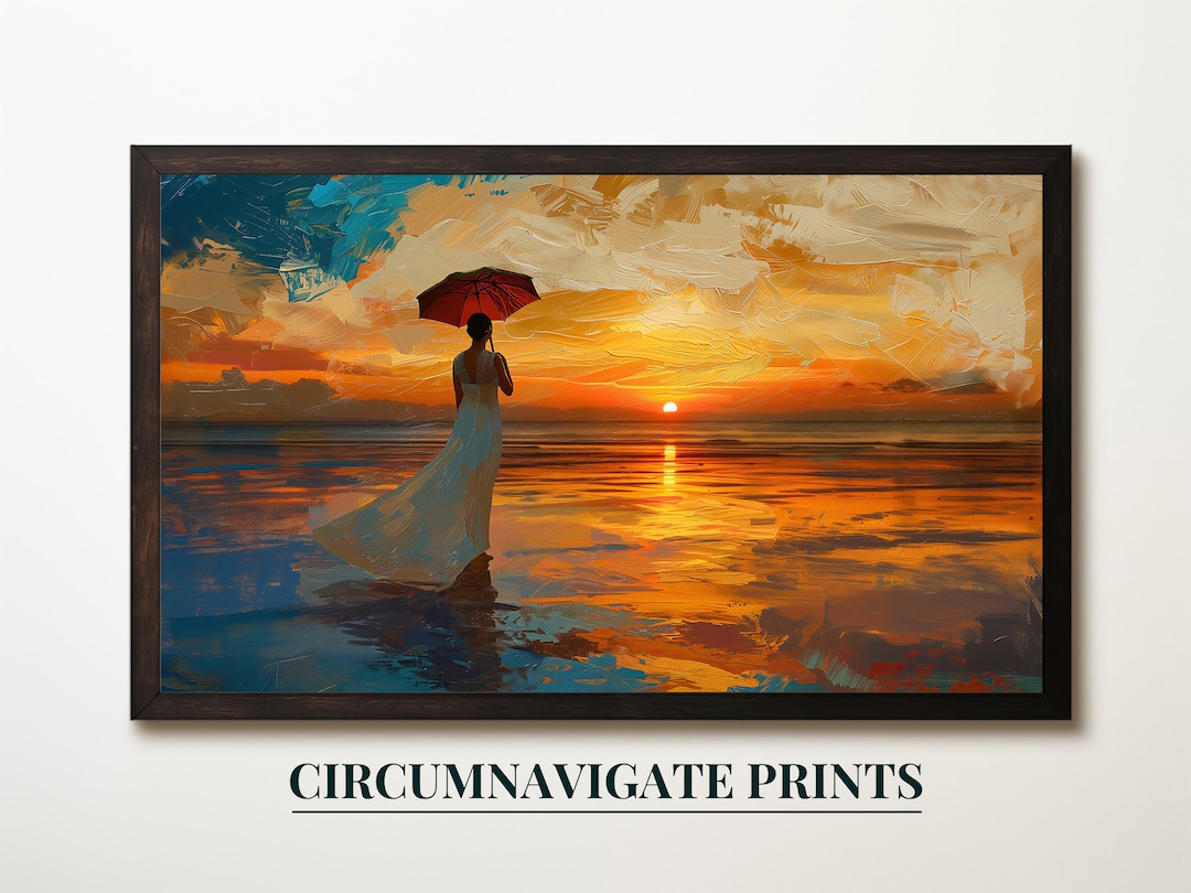 Abstract Sunset Beach Digital Art Print, Woman With Umbrella Wall Art ...
