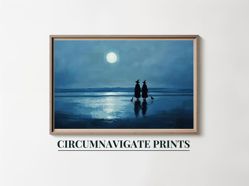 Witch Silhouettes at Beach Moonlight Digital Art, Spooky Night Sky Wall ...