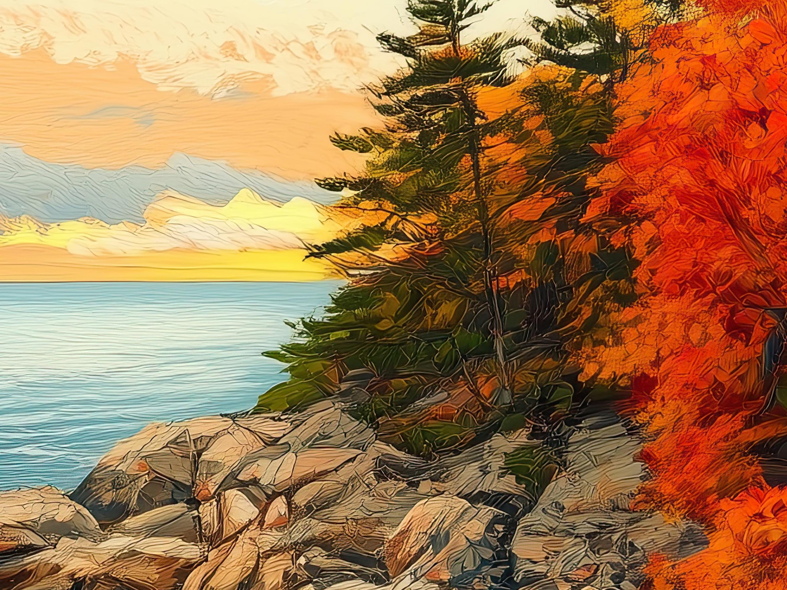 Autumn Coastal Landscape Art Print Digital Download, Fall Foliage Ocean ...