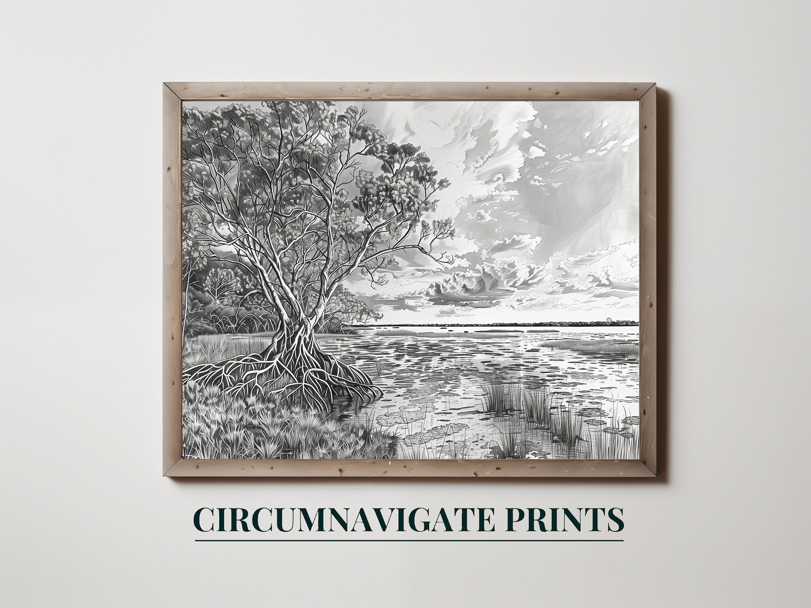 Digital Landscape Drawing, Black and White Nature Art, Printable Tree ...