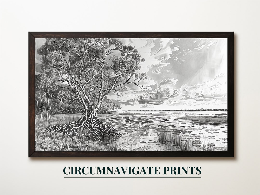 Digital Landscape Drawing, Black and White Nature Art, Printable Tree ...