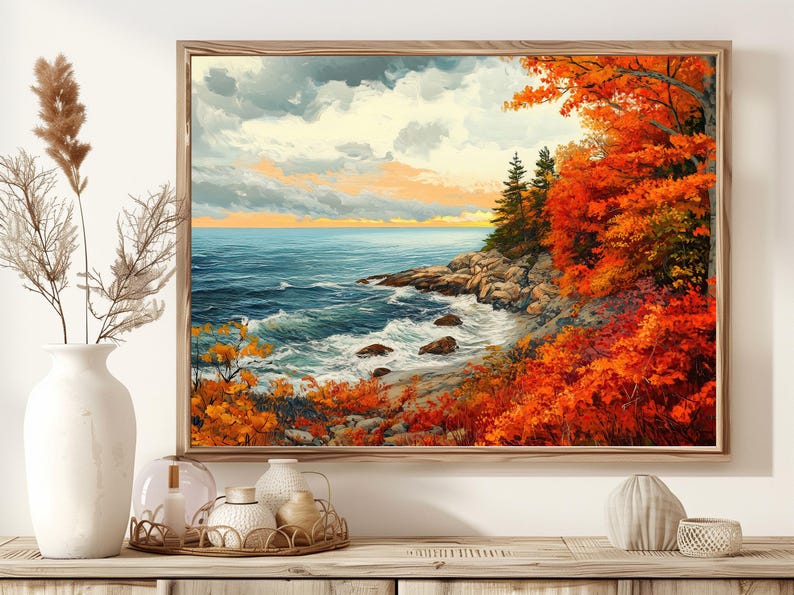 Autumn Coastal Landscape Art Print Digital Download, Fall Foliage Ocean ...