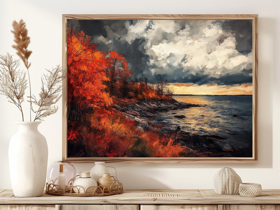 Autumn Forest at Sunset Digital Painting, Dramatic Sky Over Lakeside ...