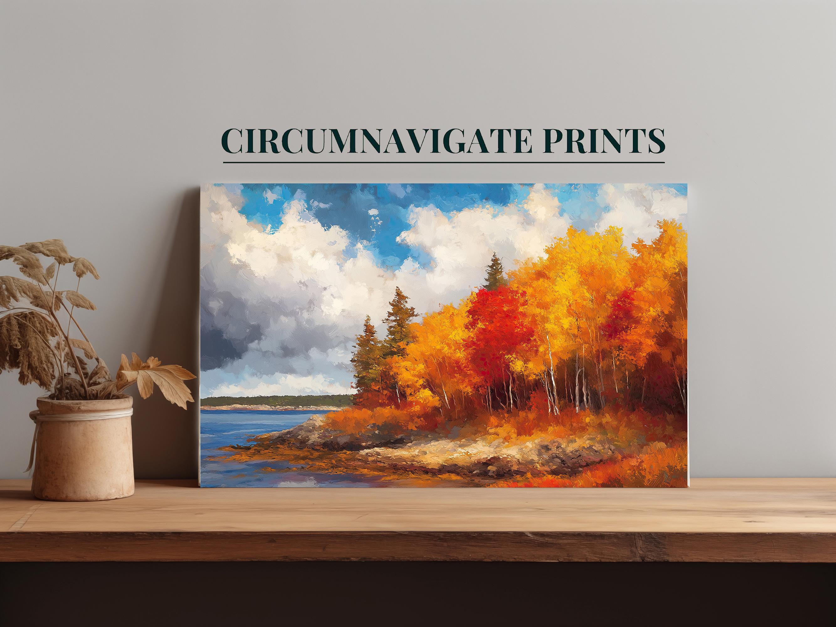 Autumn Landscape Digital Art Print, Fall Forest by Lake, Seasonal Wall ...