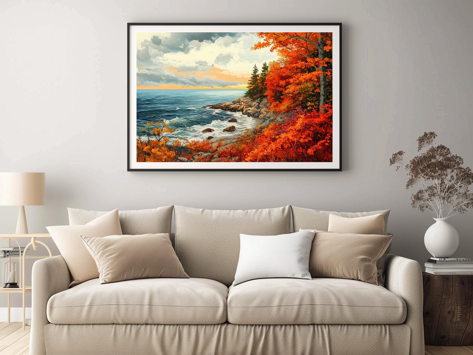 Autumn Coastal Landscape Art Print Digital Download, Fall Foliage Ocean ...