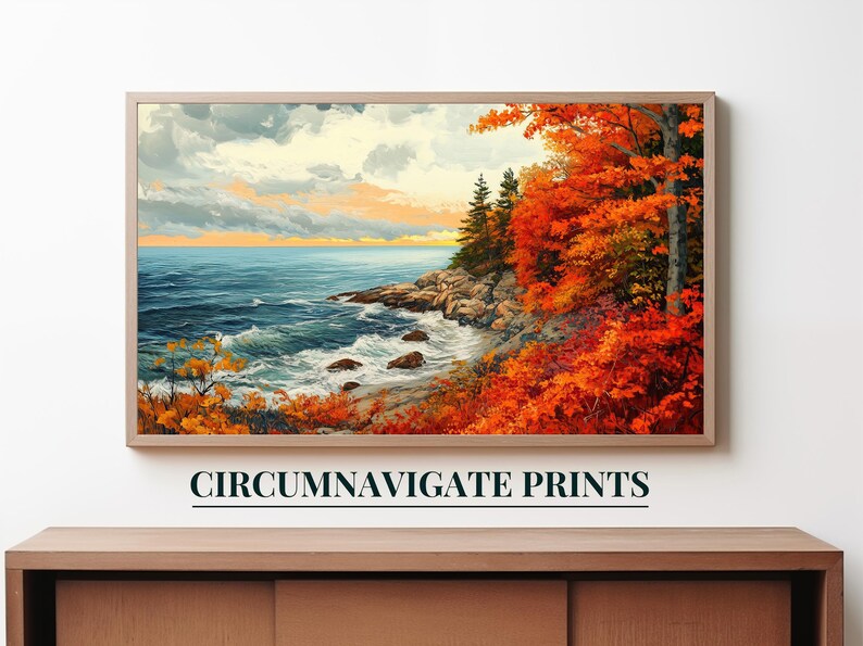 Autumn Coastal Landscape Art Print Digital Download, Fall Foliage Ocean ...