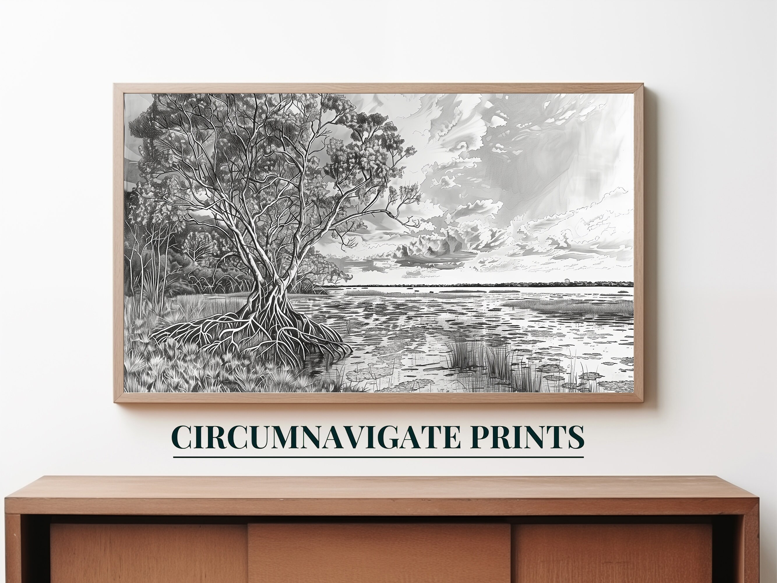 Digital Landscape Drawing, Black and White Nature Art, Printable Tree ...