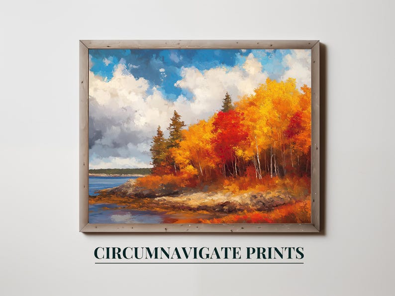 Autumn Landscape Digital Art Print, Fall Forest by Lake, Seasonal Wall ...