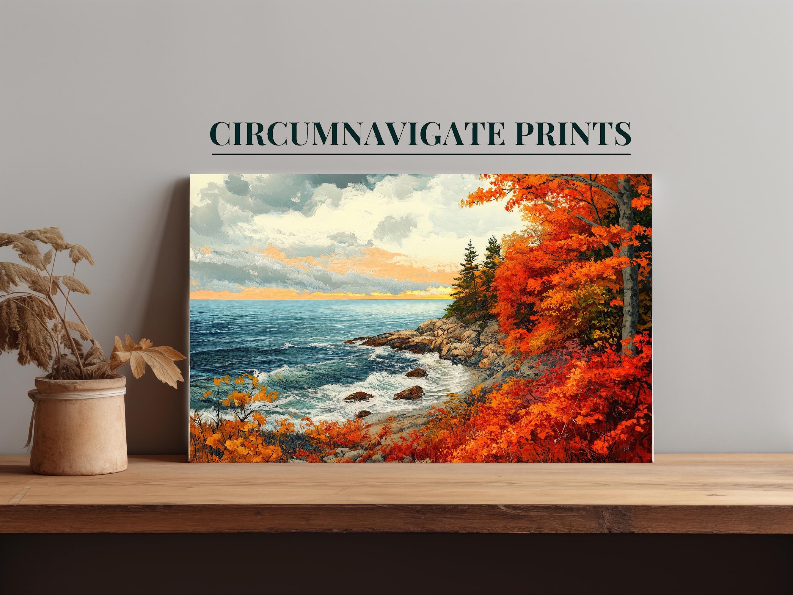 Autumn Coastal Landscape Art Print Digital Download, Fall Foliage Ocean ...