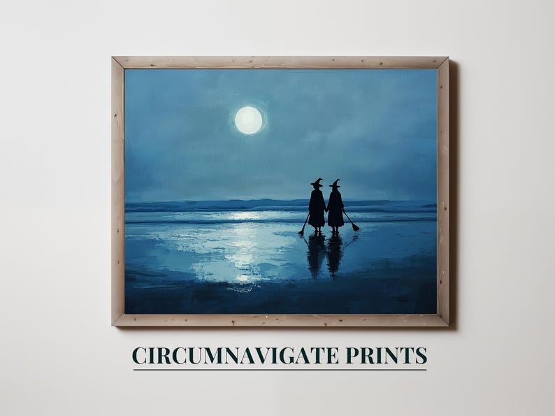 Witch Silhouettes at Beach Moonlight Digital Art, Spooky Night Sky Wall ...